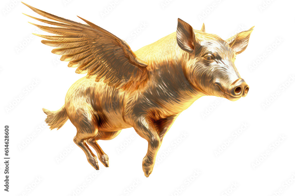 Golden flying pig in 3d art style isolated on transparent background ...