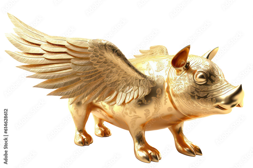 Golden flying pig in 3d art style isolated on transparent background ...