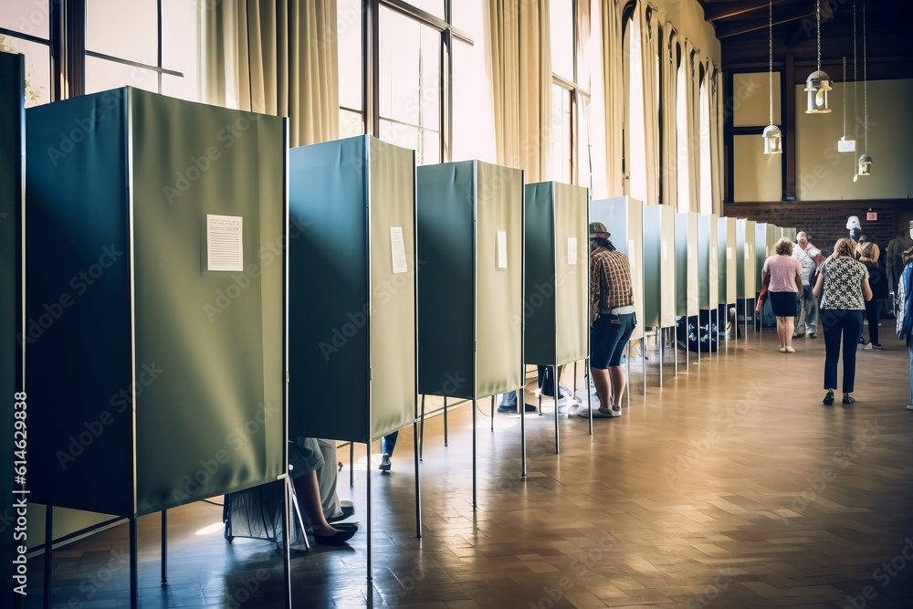 Election Day Photos of voting booths. Polling stations and people who ...