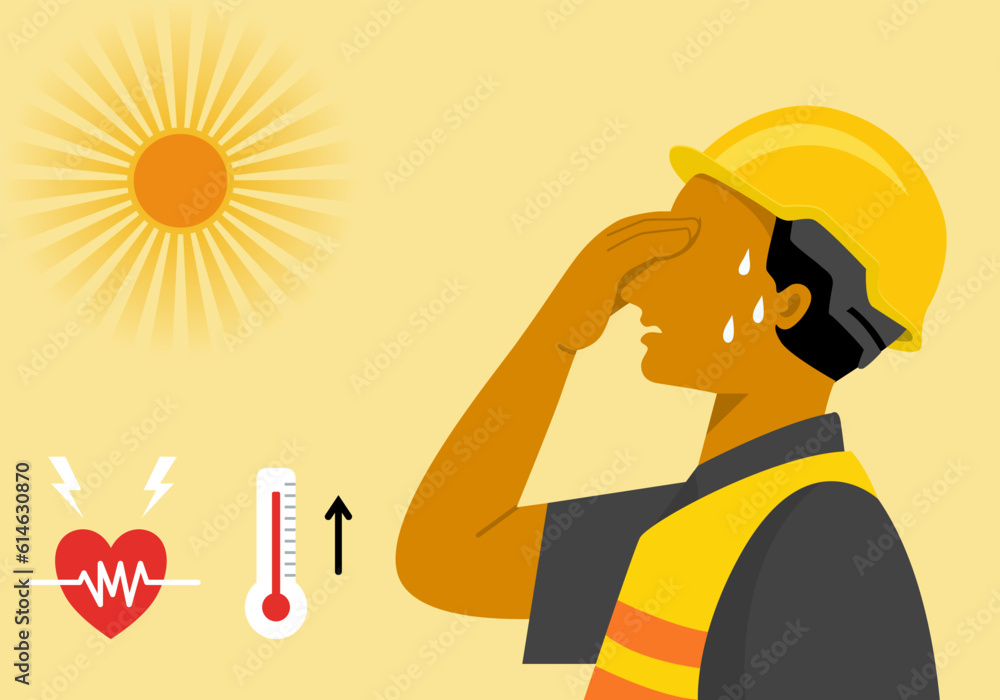 A worker man has heat stroke with heart rate and high temperature ...