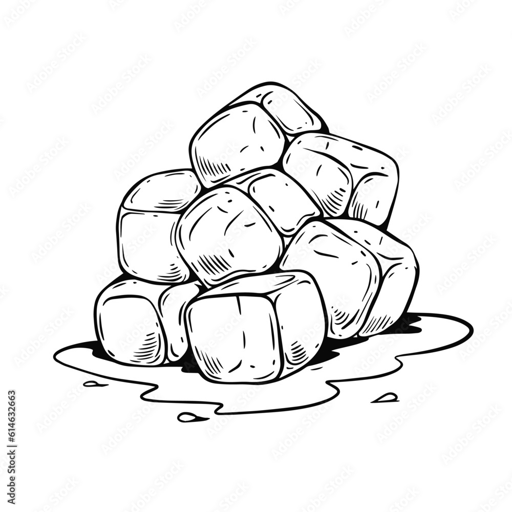 Hand drawn ice cubes sign logo monochrome line art vector illustration ...