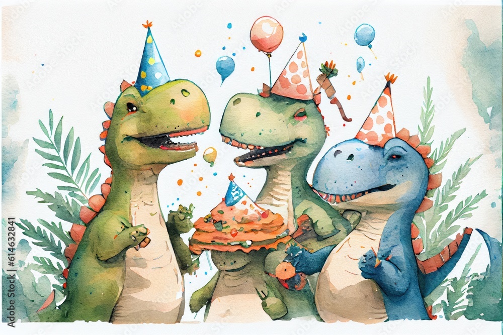 Cute dinosaur celebrating in party created by colorful watercolor ...