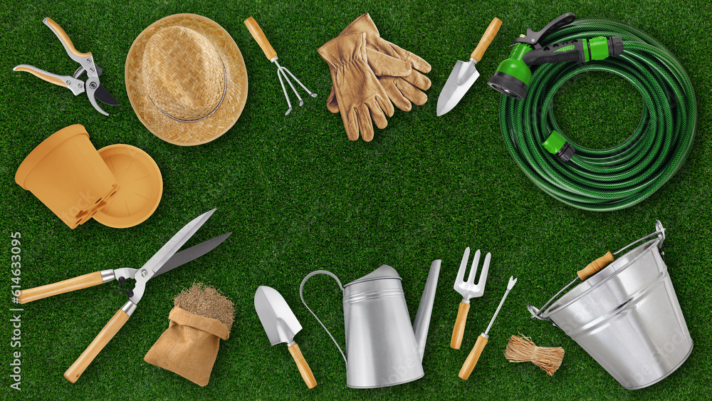 Gardening tool equipment. Top view isolated on lawn green grass ...