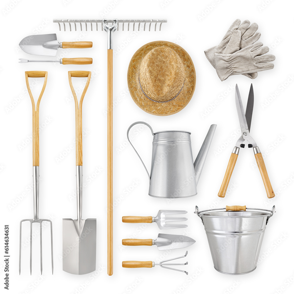 Gardening equipment set. Garden vintage tools with wooden handle grip ...