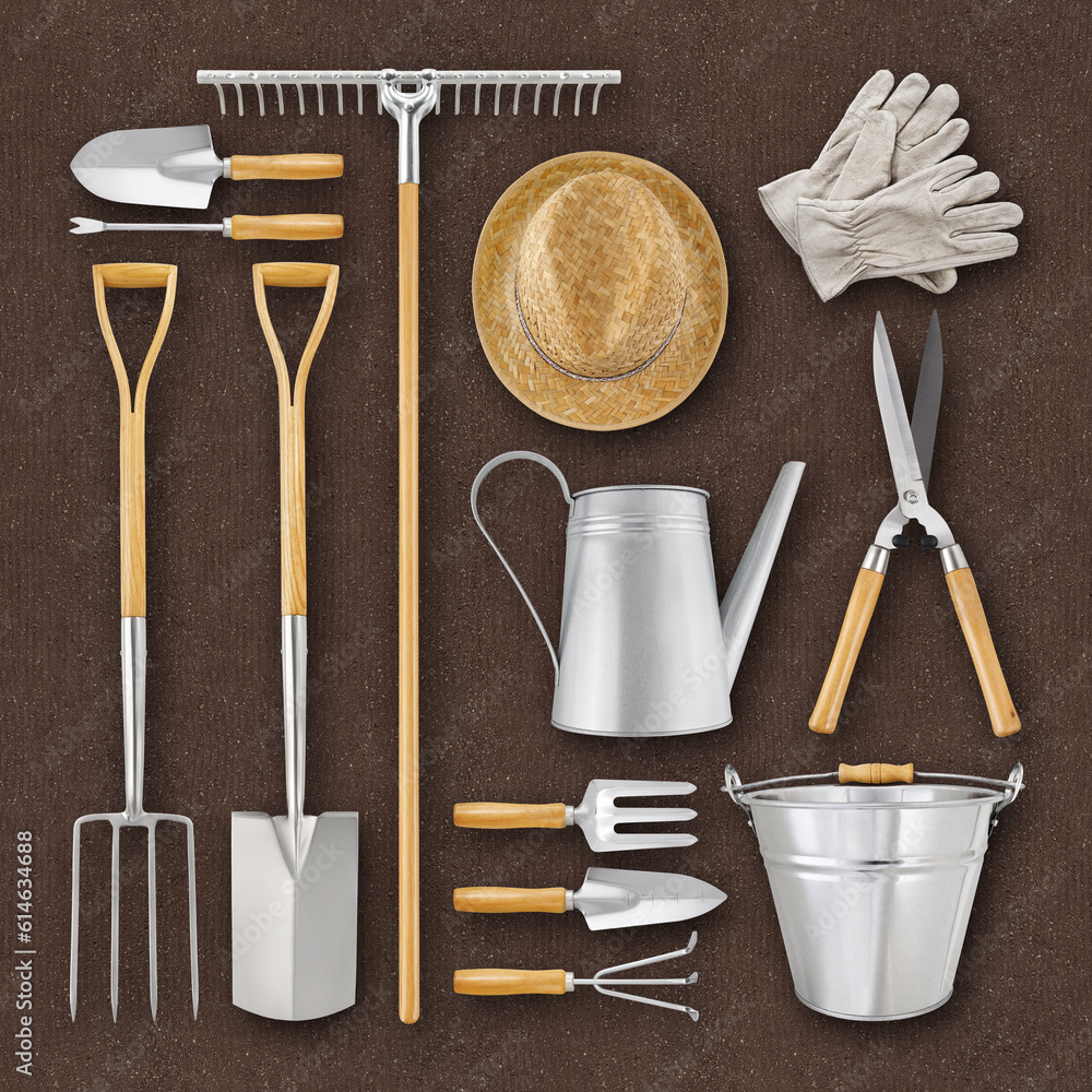 Gardening equipment set. Garden vintage tools with wooden handle grip ...