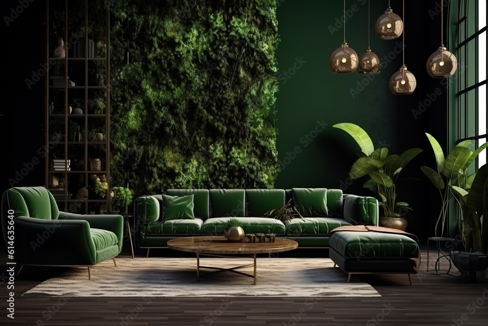 Green wall background, minimalist sofa | Living room with green ...