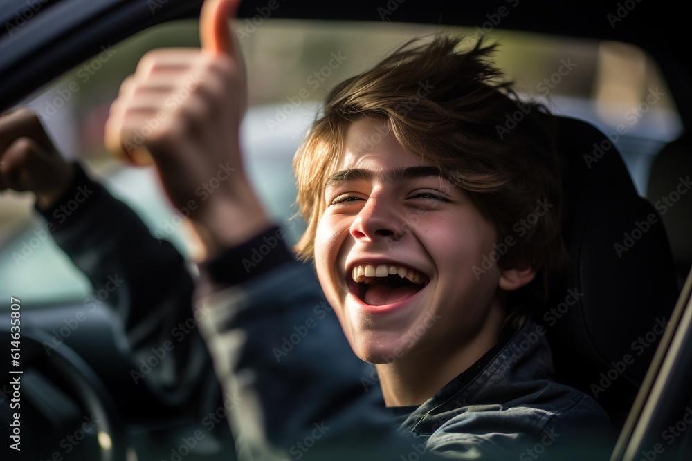 Excited teenage boy celebrating to pass driving test. Generative AI ...