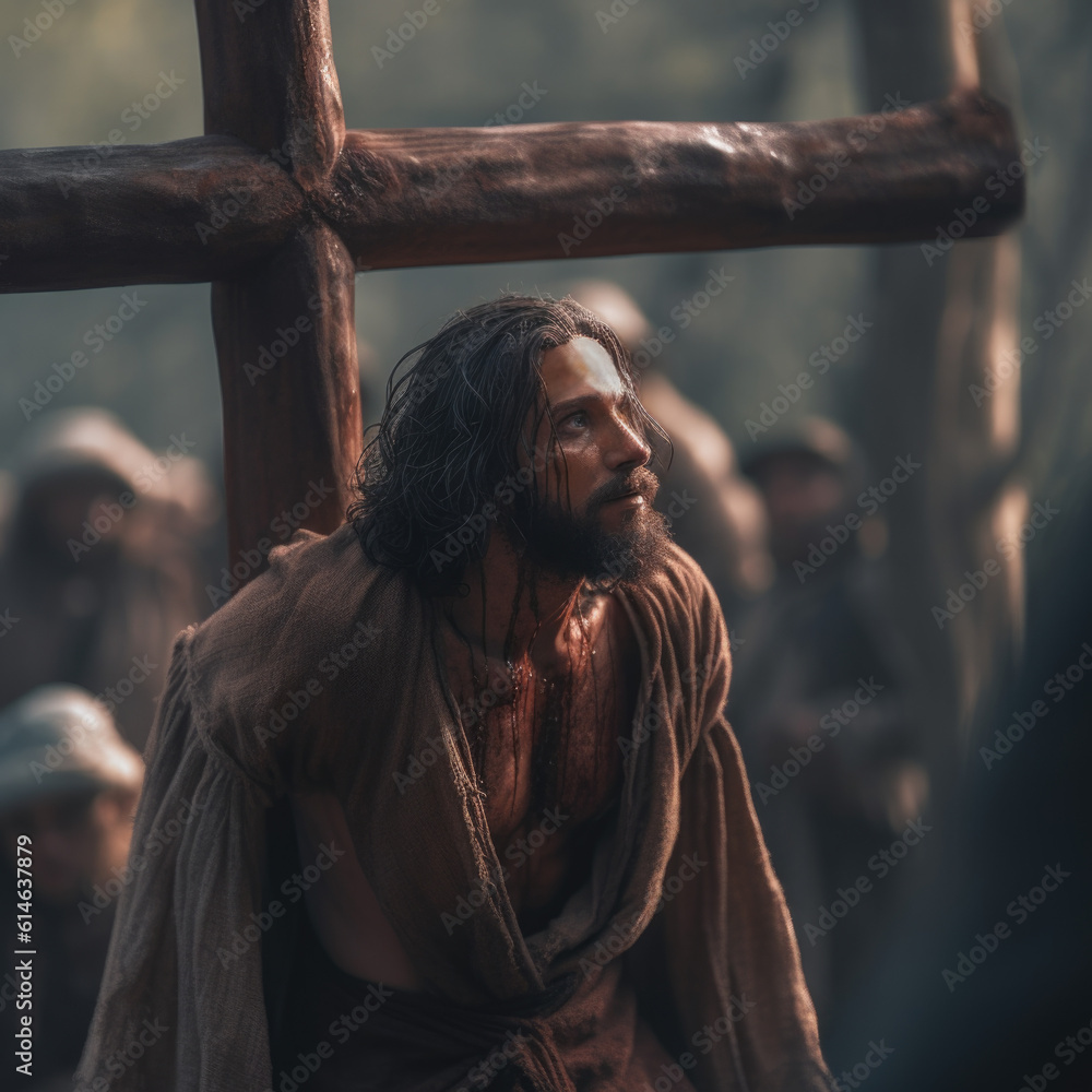 jesus with a cross behind him and people around - Generative AI Stock ...