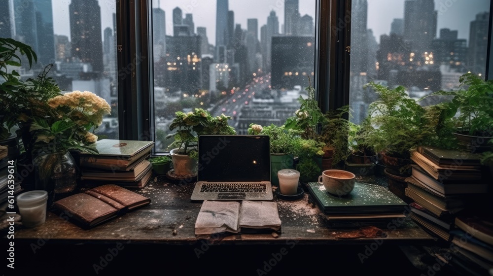 View from a plant-cluttered desk out a window into a rainy city Stock ...
