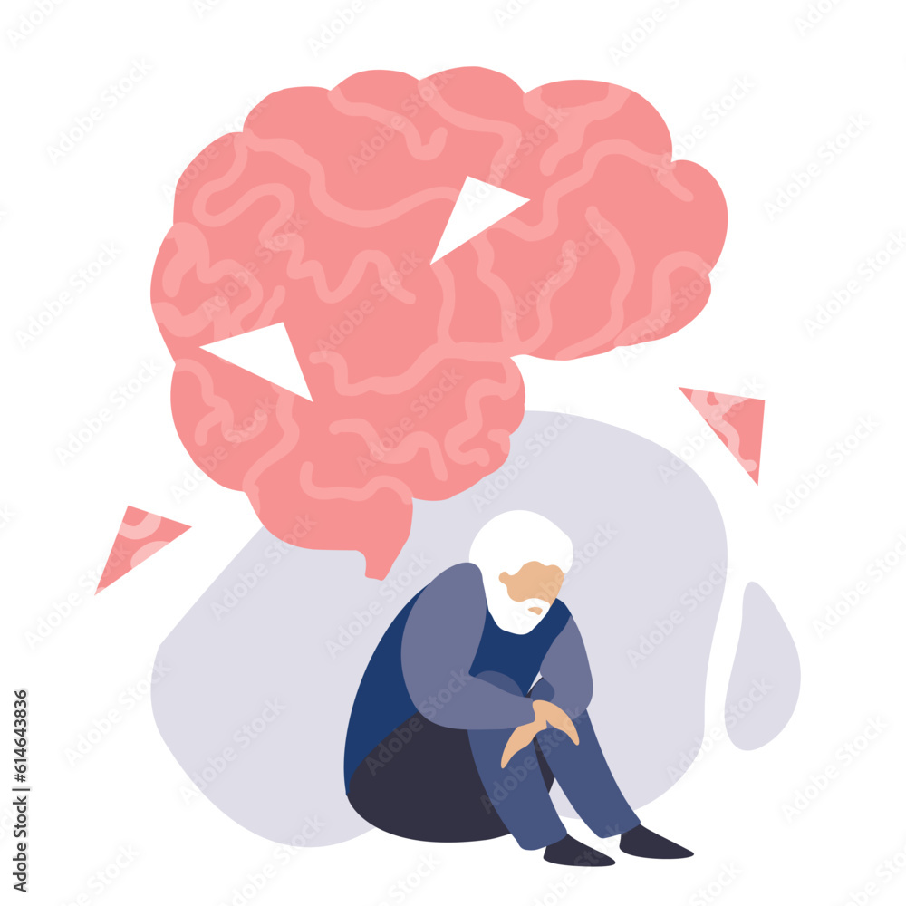 Dementia concept. Old person, senior man sitting under brain with lost ...