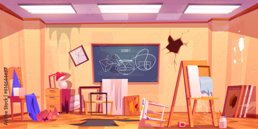 Abandoned messy art classroom studio with crack wall. Messy and dirty ...