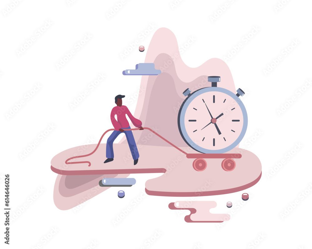 Cartoon handsome faceless boy pulling heavy watch trying to stop clock ...