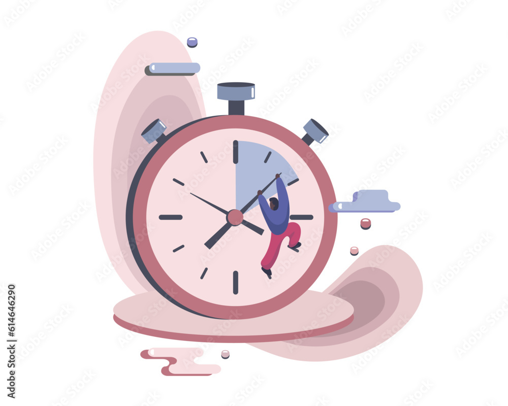 Cartoon pretty faceless male character trying to stop clock. Time ...