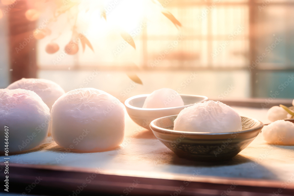 Japanese dessert Mochi. Sweet, fresh, juicy. Cinematic magical light ...