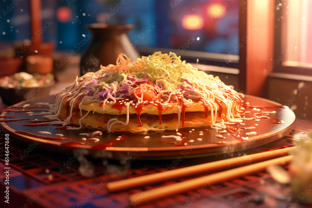 Japanese food Okonomiyaki. Tasty, fresh, juicy. Cinematic magical light ...