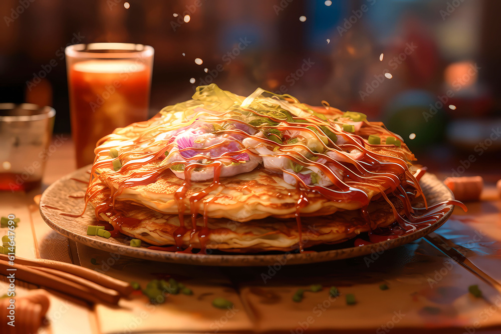 Japanese food Okonomiyaki. Tasty, fresh, juicy. Cinematic magical light ...