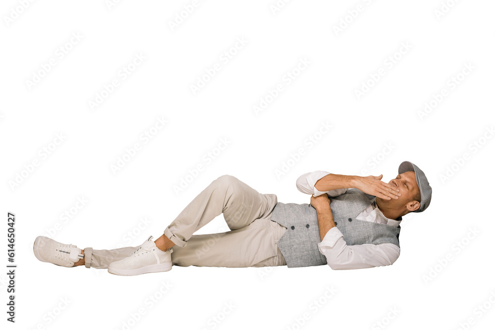 Sleepy tired businessman lying on white background, yawning and ...