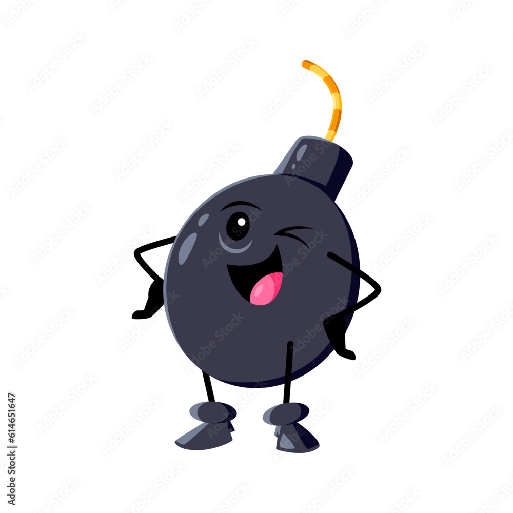 Cartoon bomb character, explosive weapon personage with wick or fuse ...