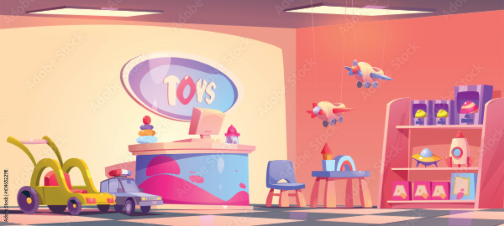 Cartoon toy shop interior with goods and furniture. Vector illustration ...