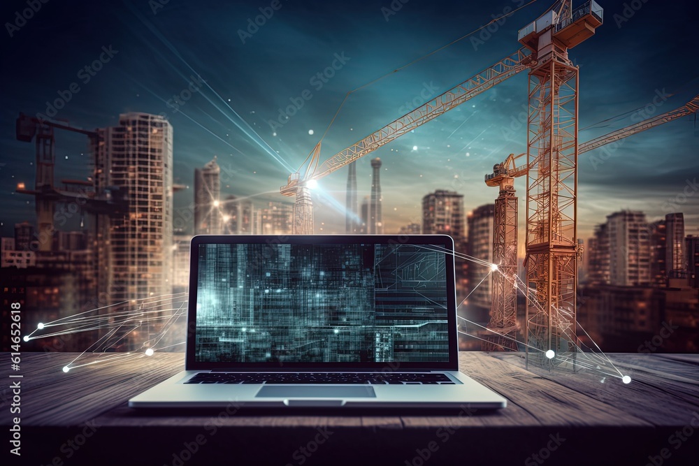 Building Success: A laptop amidst a bustling construction site ...