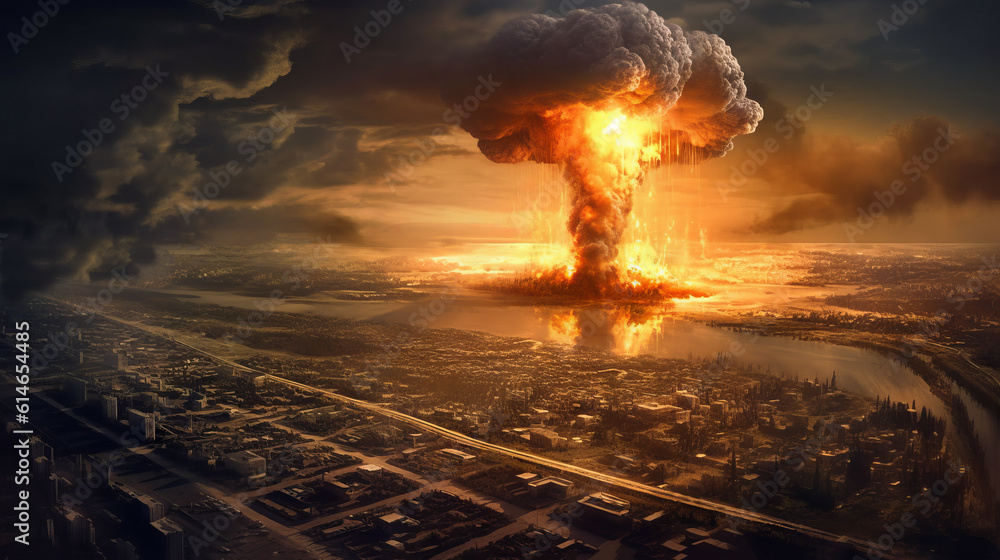 Huge dazzling Nuclear Explosion on a flat Urban landscape with a river ...