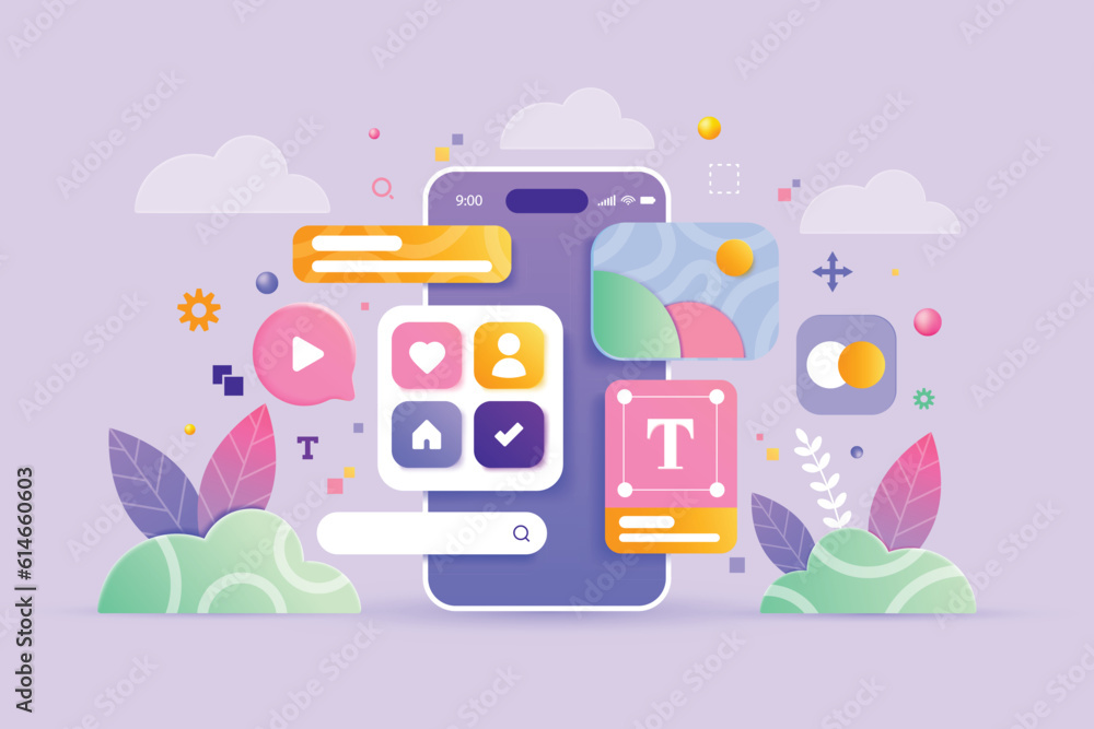 Mobile application, Software and web development with 3d shapes, bar ...