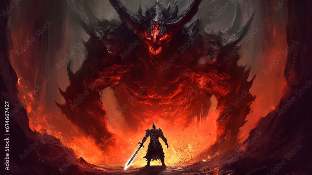 knight with a sword facing the lava demon in hell, digital art style ...