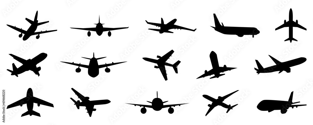 Black airplane icon collection. Set of black plane silhouette icon ...