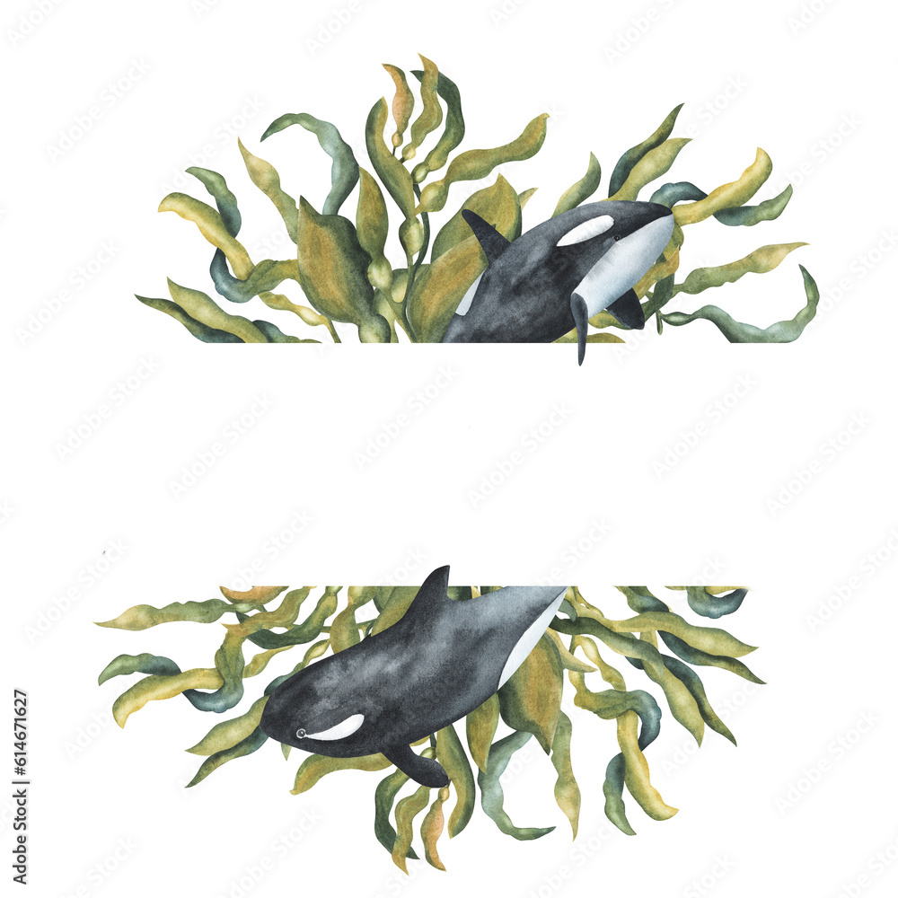 horisontal label of seaweed, and killer whales. Hand-drawn watercolor ...