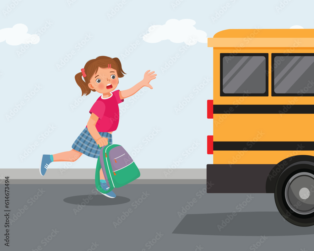 Cute little girl chasing after the school bus running late to school ...