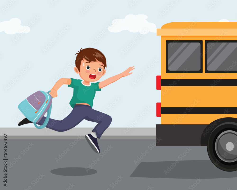 Vetor de Cute little boy chasing after the school bus running late to ...