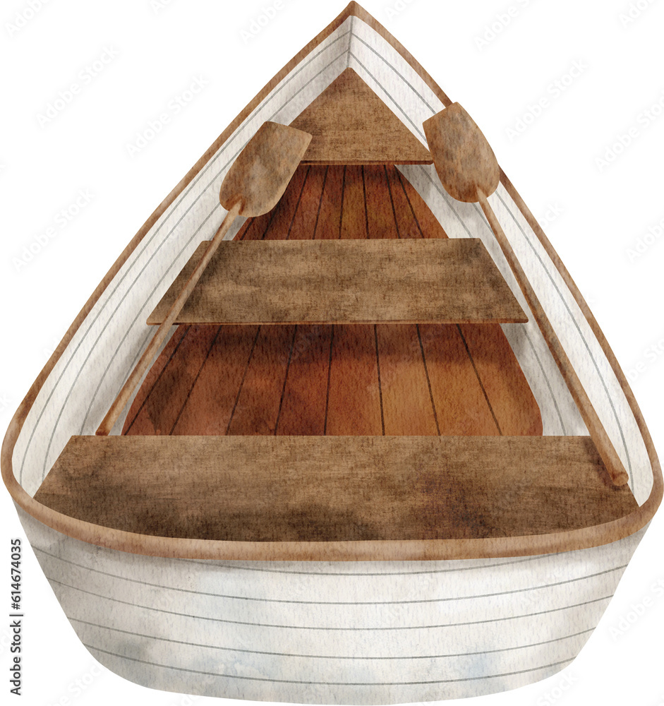 Watercolor boat illustration. Hand drawn classic wooden rowboat with ...