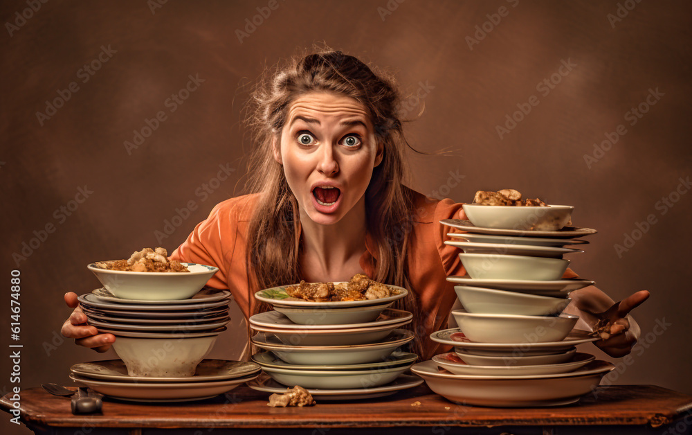 A young female waitress with a precariously balanced stack of plates ...