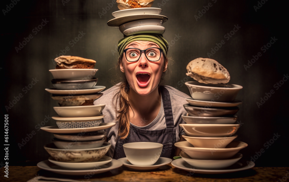 A young female waitress with a precariously balanced stack of plates ...
