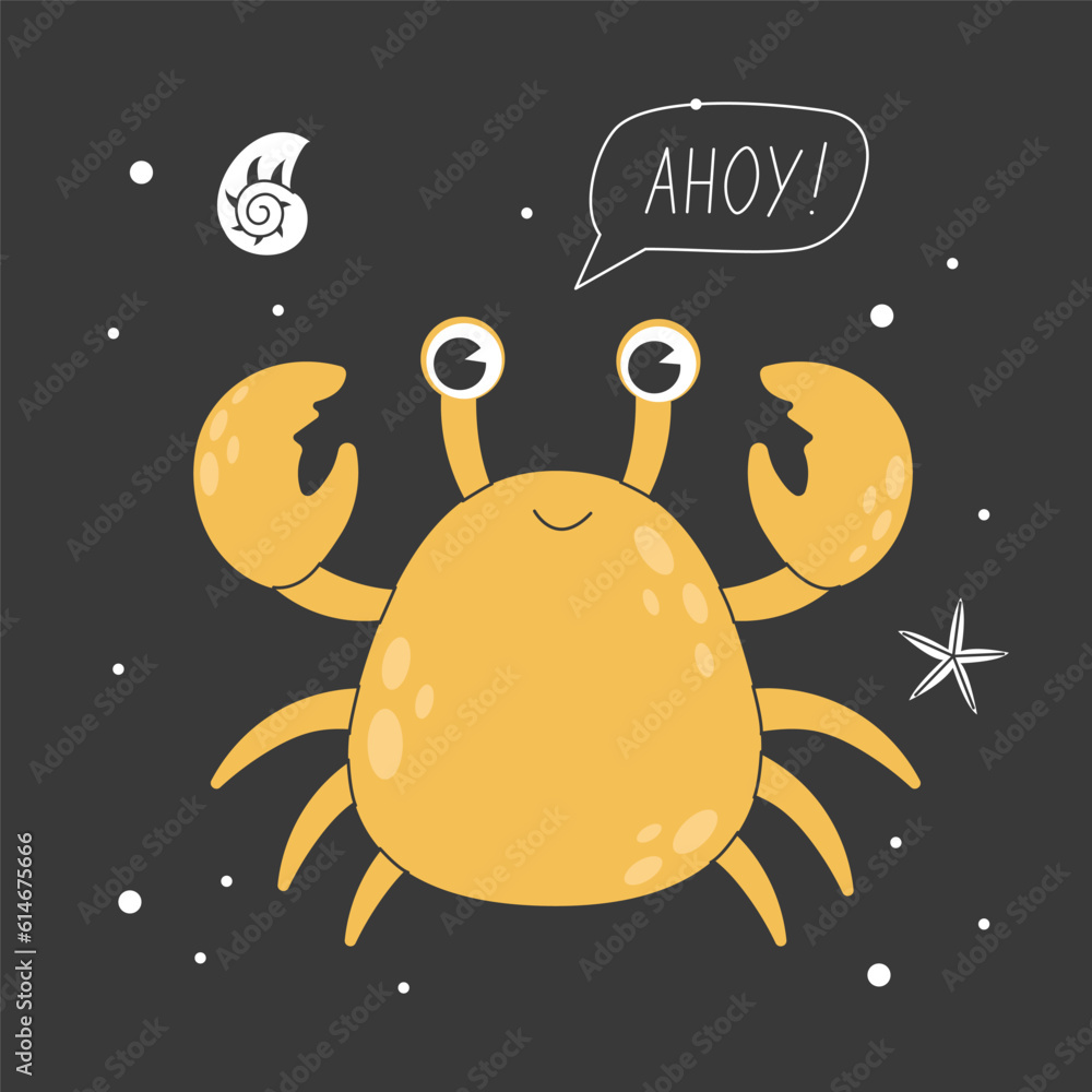 Cute crab character with a kawaii smile on a dark background with ...