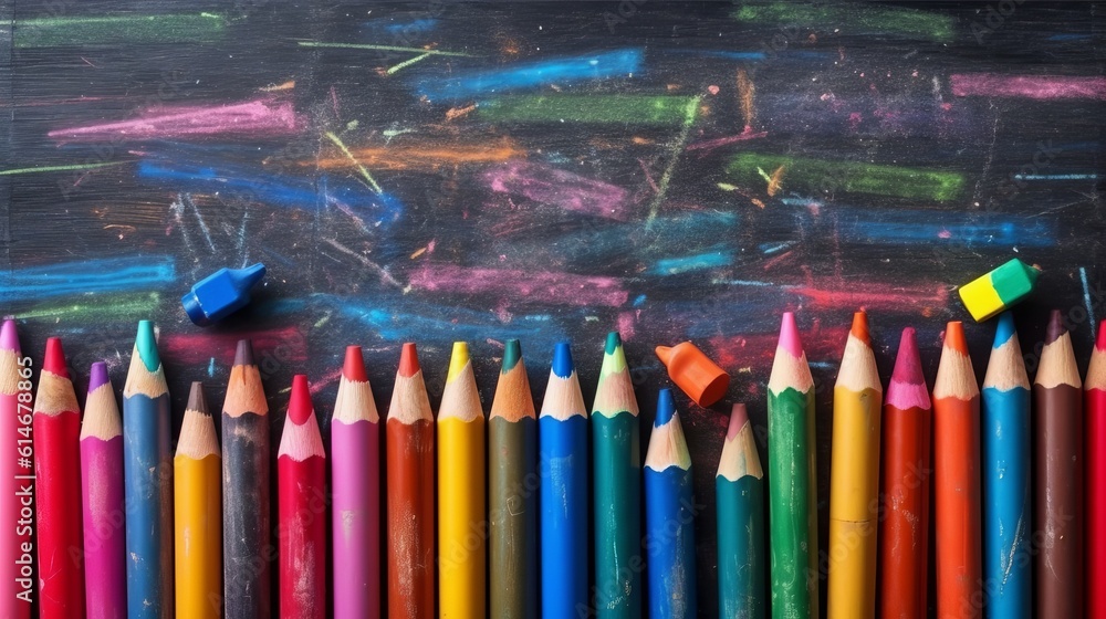 vibrant crayons on blackboard: back to school drawing - colorful and ...