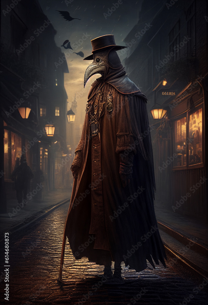 The plague doctor walks through the night streets of the city. AI ...