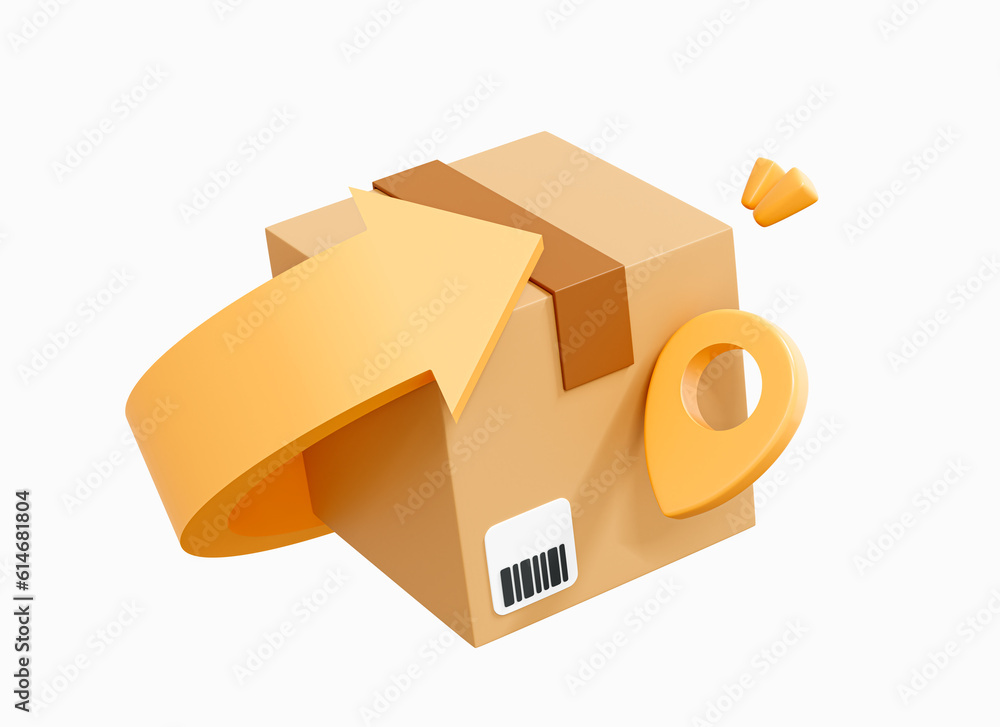 3D Cardboard box with arrow and pin location. Order return concept ...