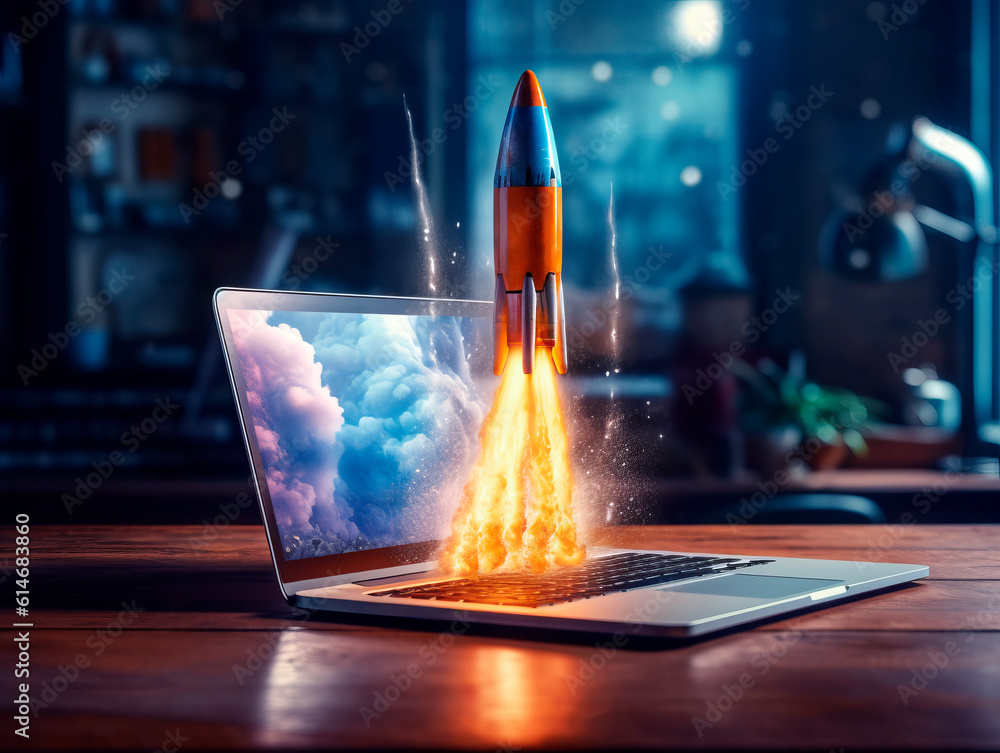 Rocket starts from computer device screen. Spaceship launch from Laptop ...