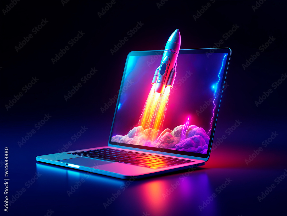 Rocket starts from computer device screen. Spaceship launch from Laptop ...