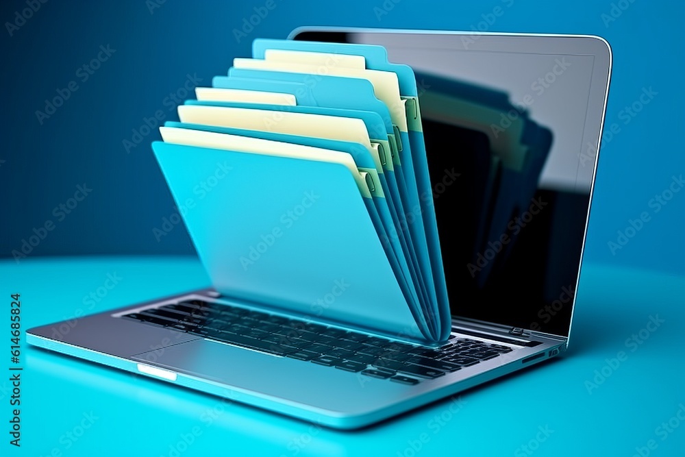 Laptop screen shows blue background with file folder, Generative AI ...