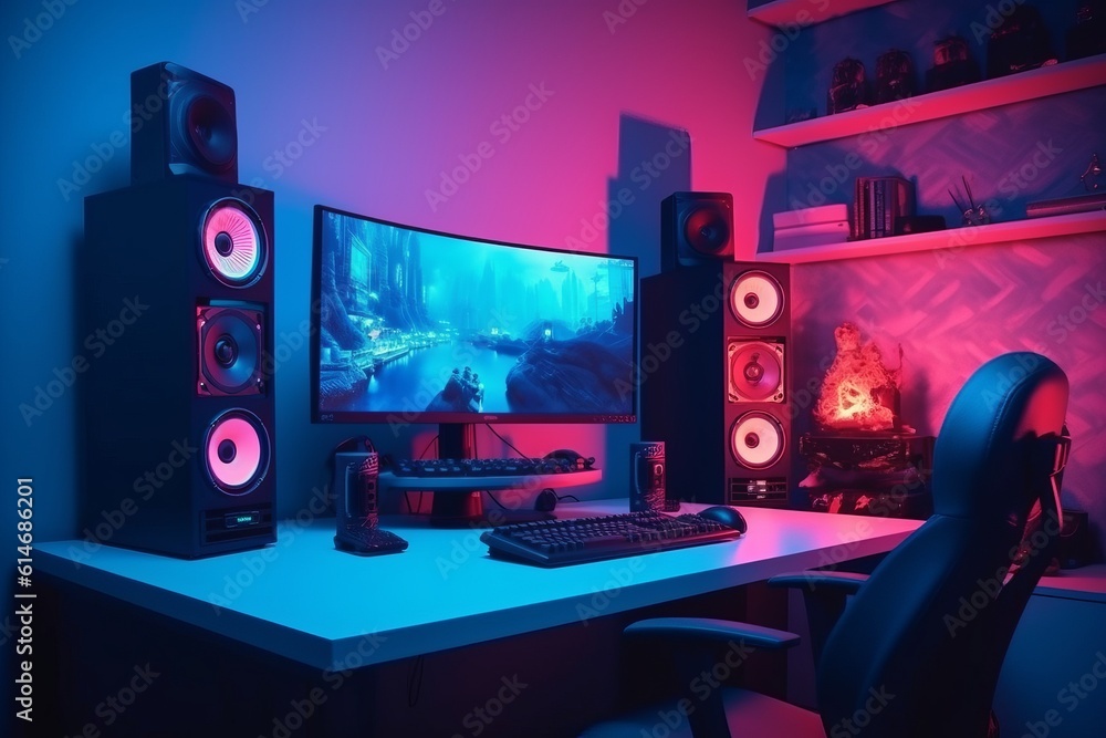 Gamer setup with PC and gradient backdrop, Generative AI Stock ...