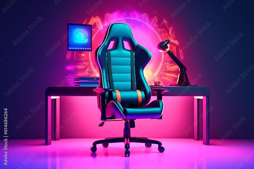 Futuristic gamer setup with computer, gamer character, and gradient ...