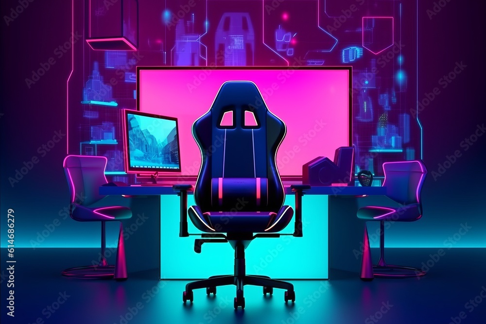 Futuristic gamer setup with computer, gamer character, and gradient ...