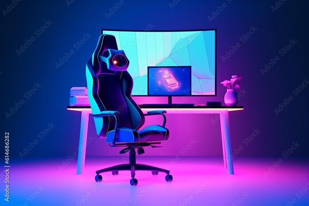 Futuristic gamer setup with computer, gamer character, and gradient ...