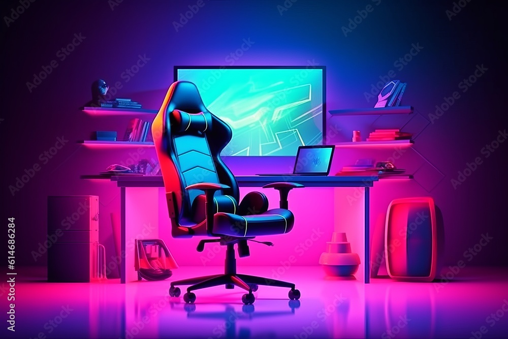 Futuristic gamer setup with computer, gamer character, and gradient ...