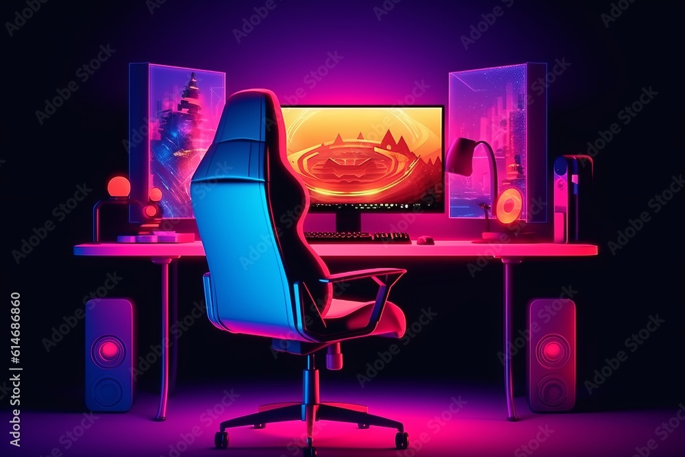 Gamer setup with computer, character, gradient background, Generative ...