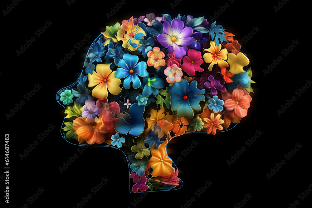 Neurodivergent brain concept: brain created with colorful flowers on a ...