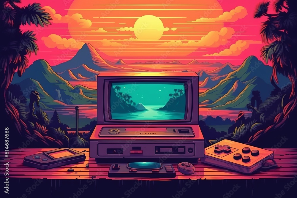 16-bit pixel art console with landscape background, Generative AI Stock ...
