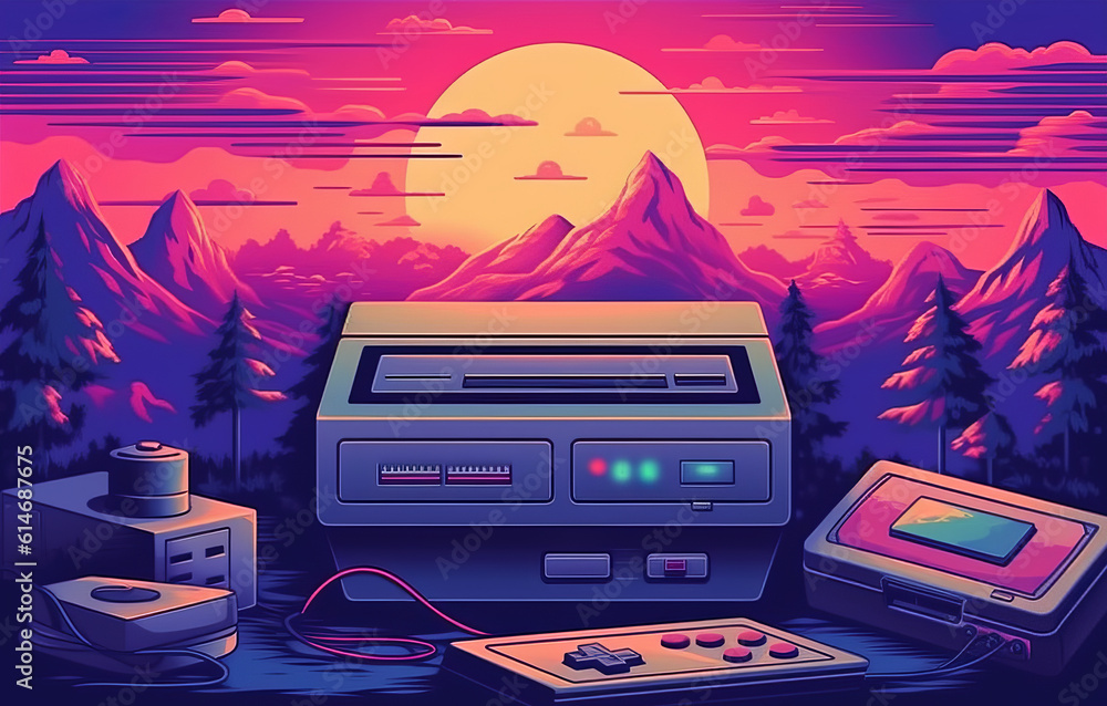 16-bit pixel art console with landscape background, Generative AI Stock ...